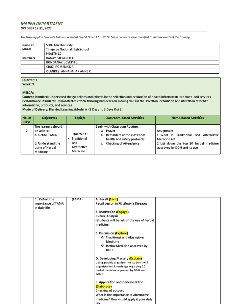 g10 Lesson Plan Health q1 w9 | PDF | Lesson Plan | Psychological Concepts