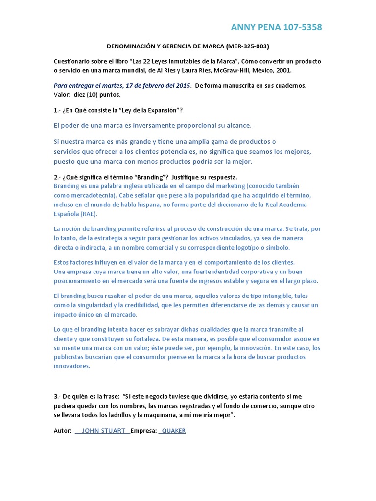 Cuestionario Del Libro Las 22 Leyes Inmutables de La Marca de Al y Laura Ries | PDF | Marca ...