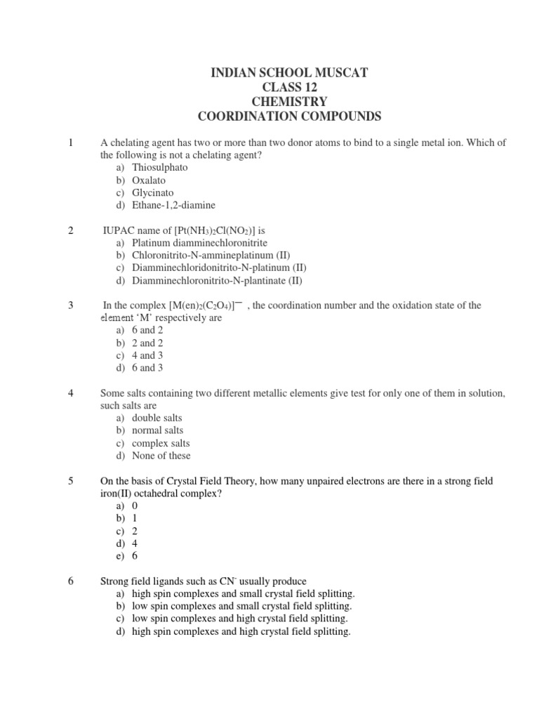Senior - 2020 - Class - 12 - Chemistry - Objective Questions - Coordination Compounds | PDF ...