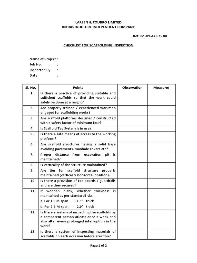 IM-09-A4 Scaffolding Checklist | PDF | Scaffolding | Mechanical Engineering