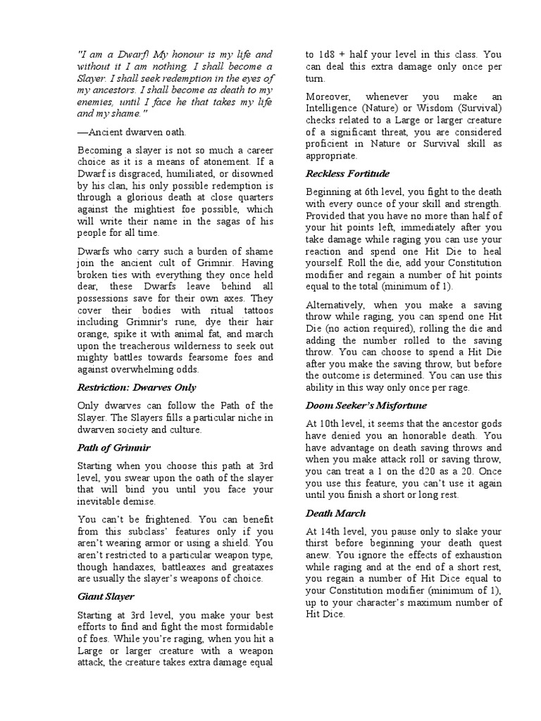 Barbarian Path of The Slayer Homebrew v4.2 Bilingual | PDF | Dwarf (Dungeons & Dragons)