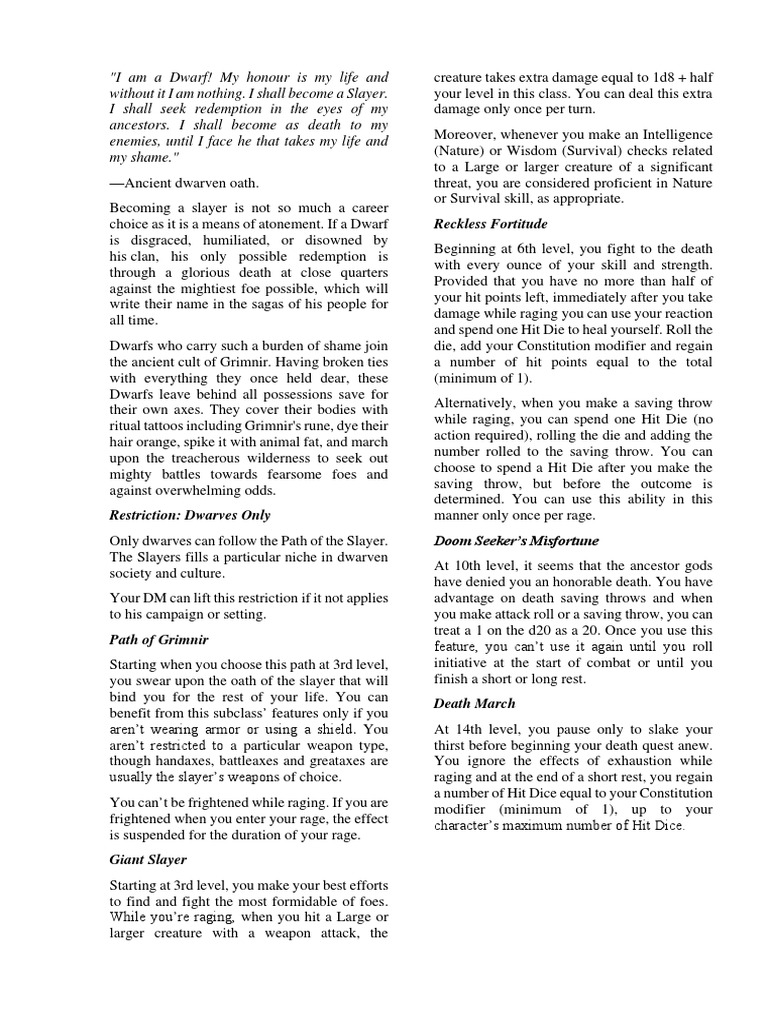 Barbarian Path of The Slayer Homebrew V 4.4 | PDF | Dwarf (Dungeons ...
