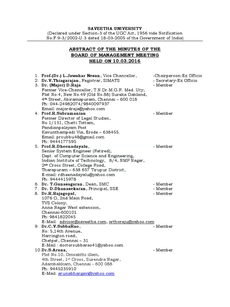 Saveetha University BOM 2016 | PDF | Course Credit | Consultant