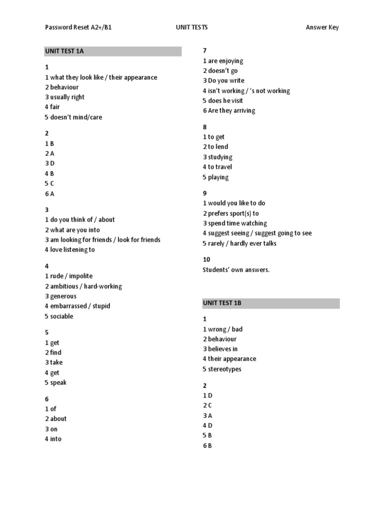 A2+/B1 Unit Test Answer Key | PDF