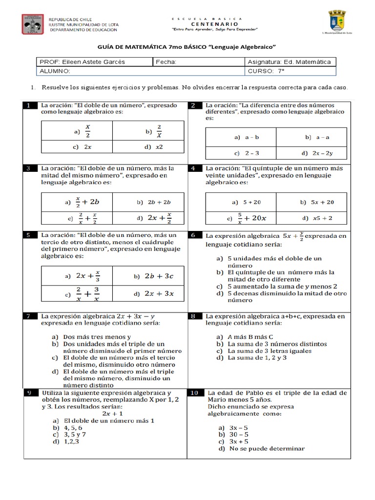 Lenguaje Algebraico 7mo | PDF