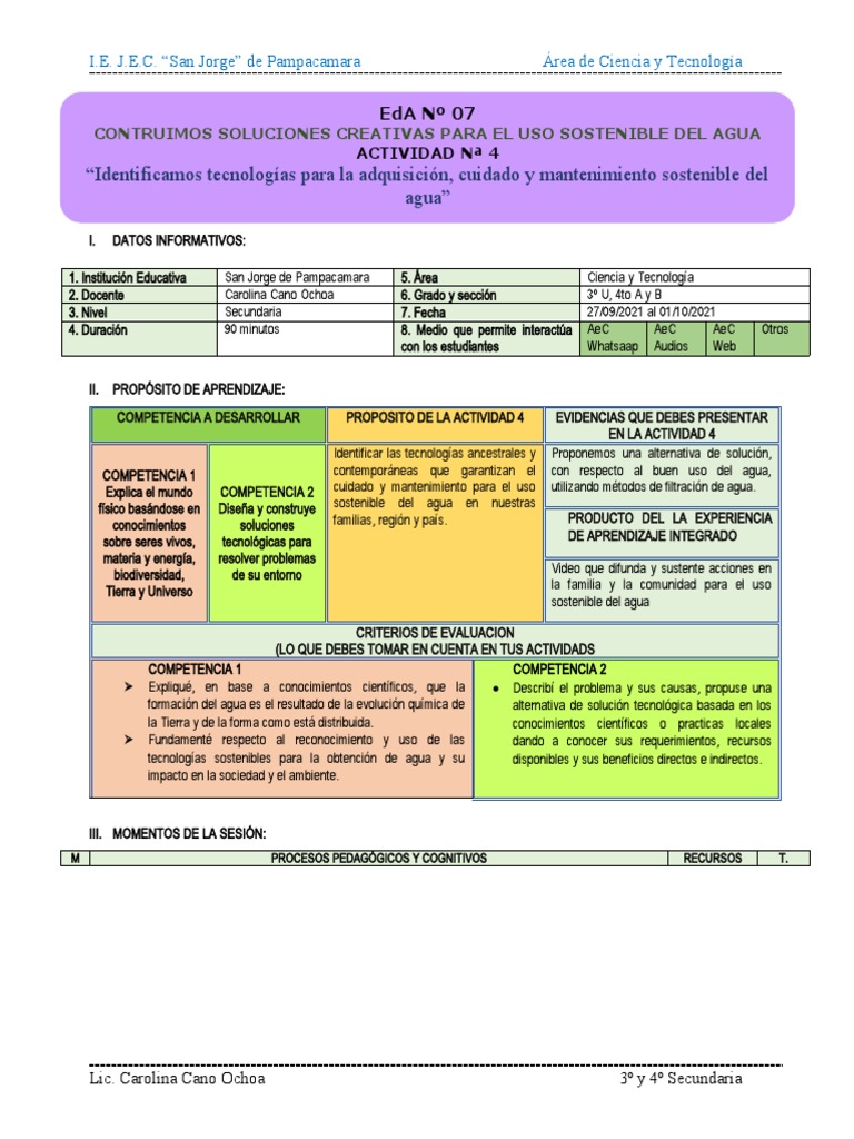 Sesion Eda 7-Actividad 4 | Descargar gratis PDF | Agua | Maestros