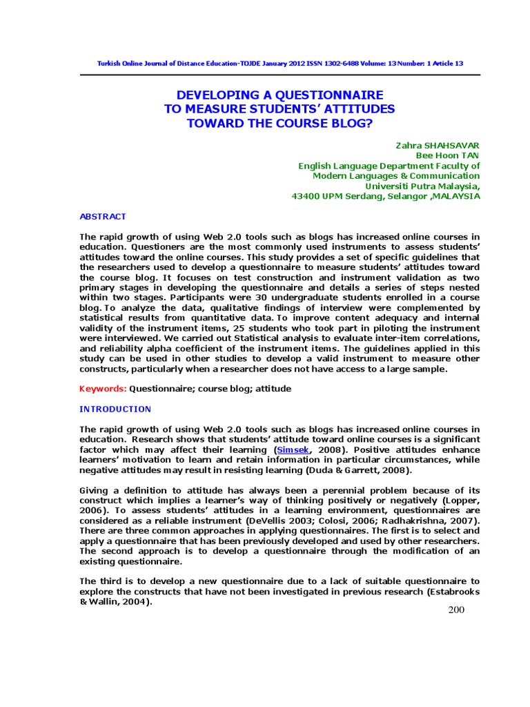 Developing A Questionnaire To Measure Students' Attitudes Toward The Course Blog - (#176131 ...