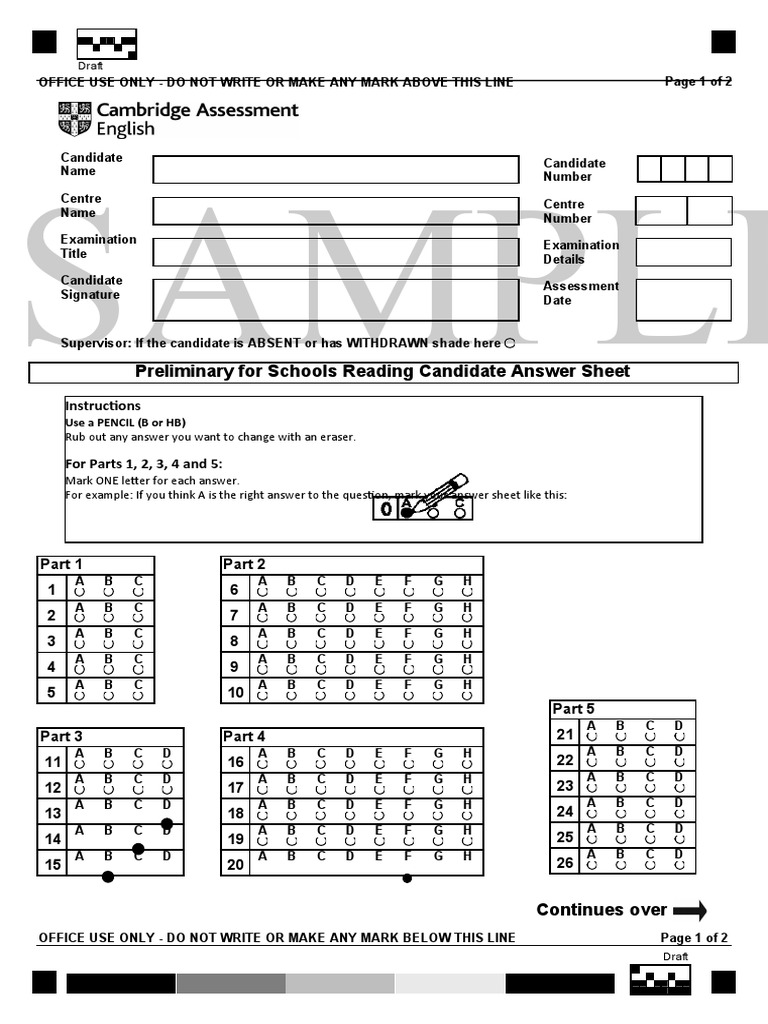 B1 Preliminary For Schools Reading Sample Answer Sheet1 | PDF