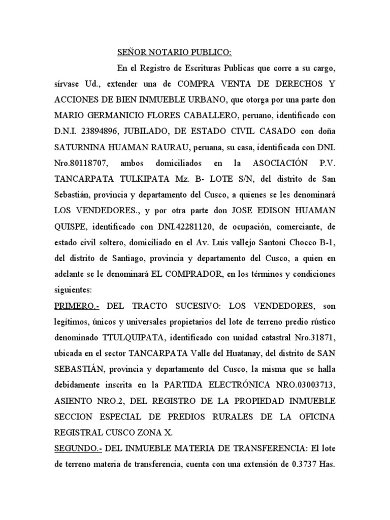 Minuta de Venta de 50% de Dºs Edison Huaman | PDF | Ley común | Derecho ... Minuta de Venta de 50% de Dºs Edison Huaman | PDF | Ley común | Derecho ...