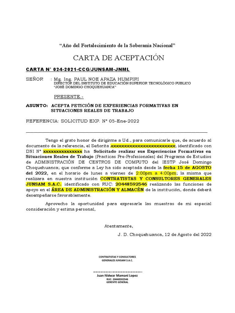 Modelo Carta de Aceptacion | PDF