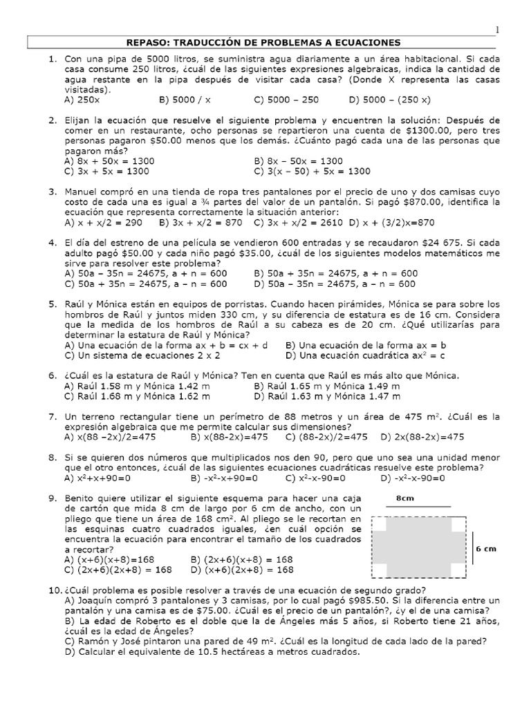 Repaso Traducción de Problemas A Ecuaciones | PDF