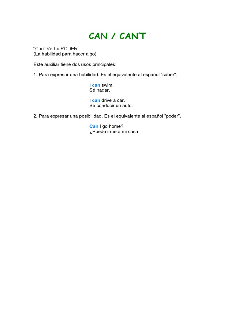 Ingles Uso de Can y Can't | PDF