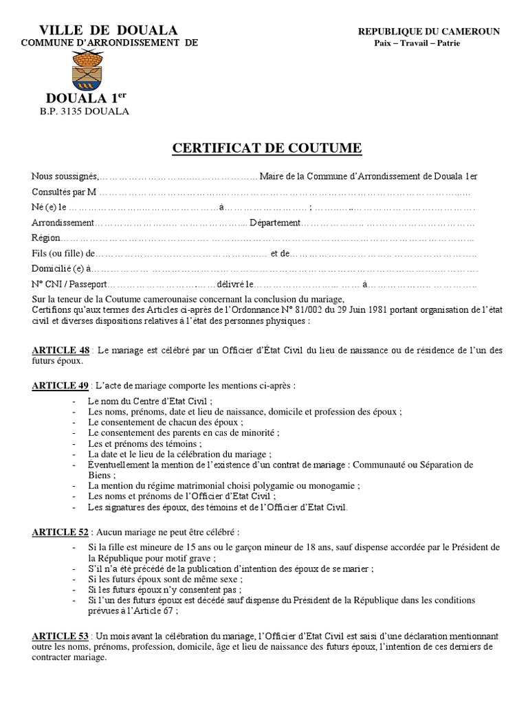 Certificat de Coutume | PDF | Mariage | Justice