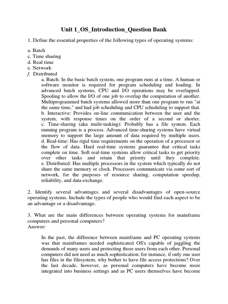Unit 1 - OS - Introduction - Question Bank | PDF | Operating System ...