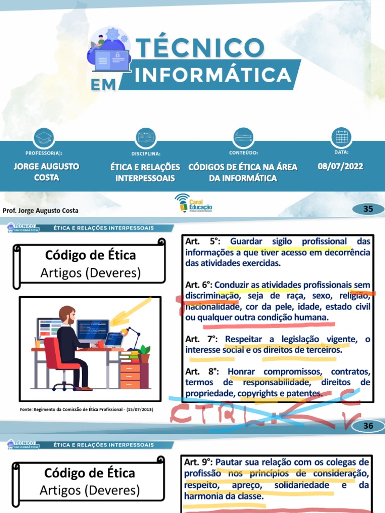 Téc Informática Manhã Ética e Relações Interpessoais 08 07 2022 Códigos ...