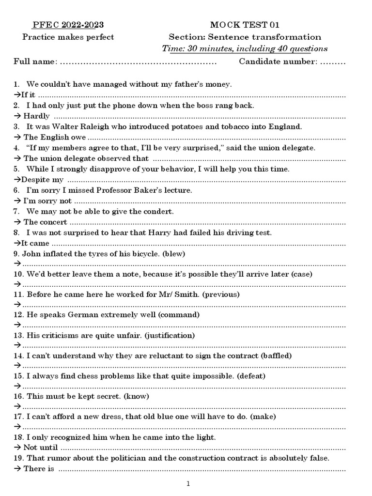 Mock Test Sentence Transformation | PDF