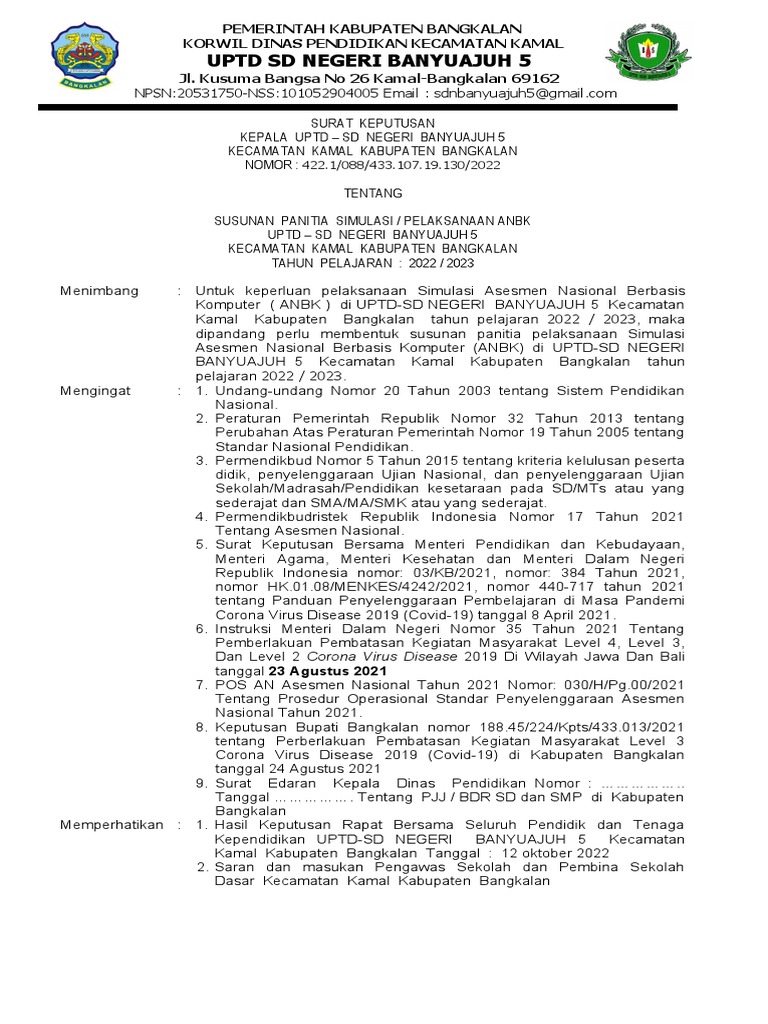 SK Panitia Simulasi Anbk 2022 | PDF