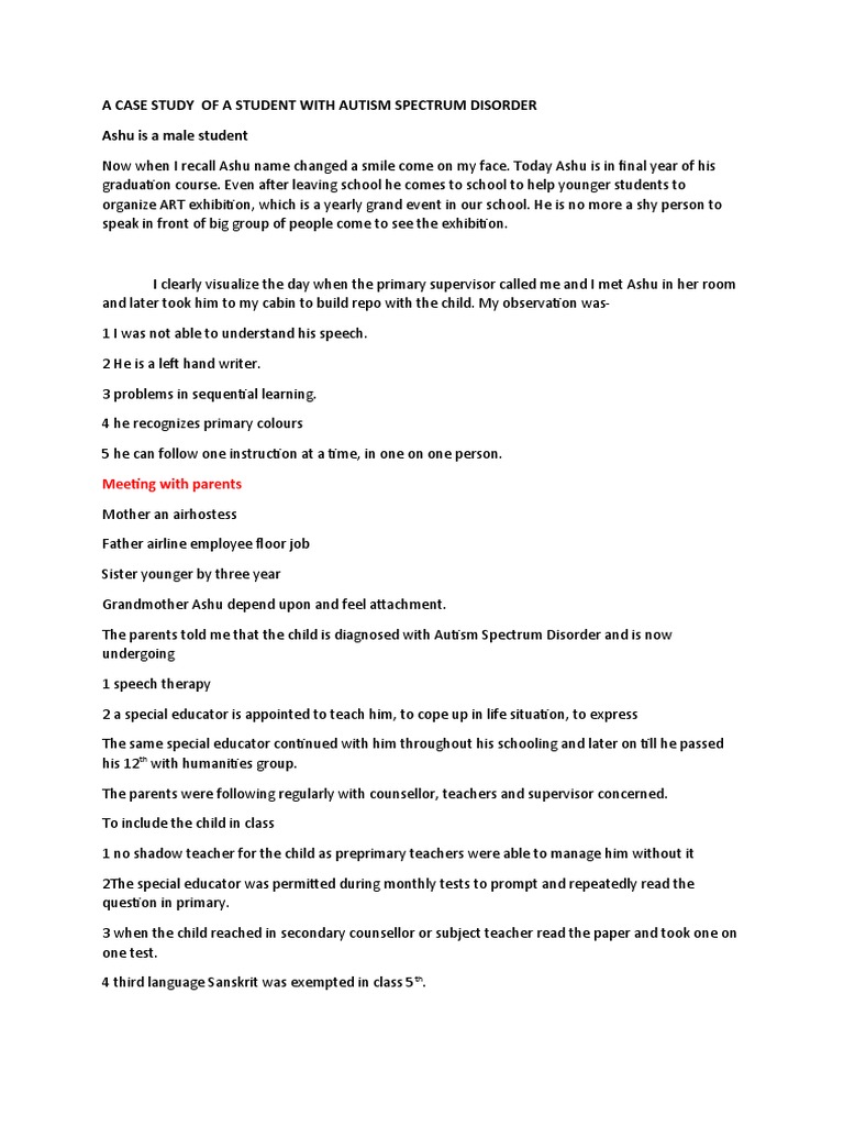 Case Study of A Student With Autism Spectrum Disorder | PDF | Teachers ...