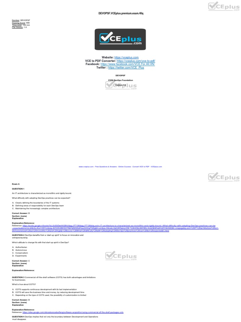 Exin - Premium.DEVOPSF - by .VCEplus.40q-DEMO | PDF | Agile Software Development | Cloud Computing
