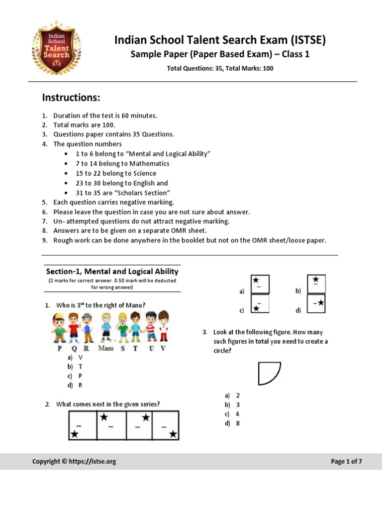 ISTSE Sample Question Paper For Class 1 | PDF | Test (Assessment)