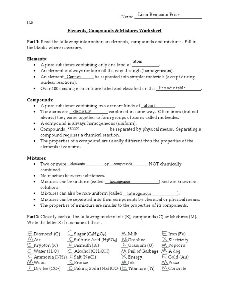Elements, Compounds & Mixtures Worksheet | PDF | Mixture | Chemical ...