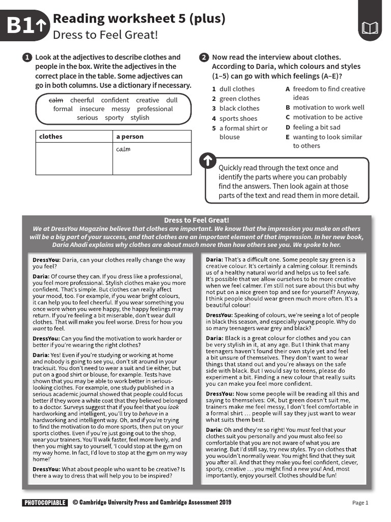 TOR B1 Reading WS 5 Plus | PDF | Clothing | Psychology