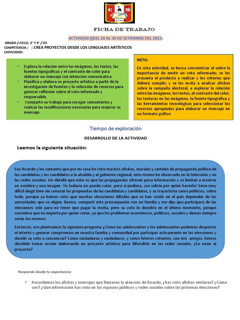 Ficha de Trabajo Arte y Cultura 3° y 4° 2022 Voto Responsable | PDF | Póster | Elecciones