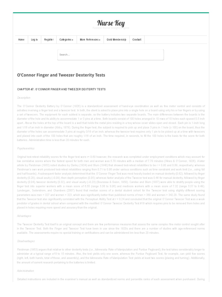 O'Connor Finger and Tweezer Dexterity Tests - Nurse Key | PDF ...