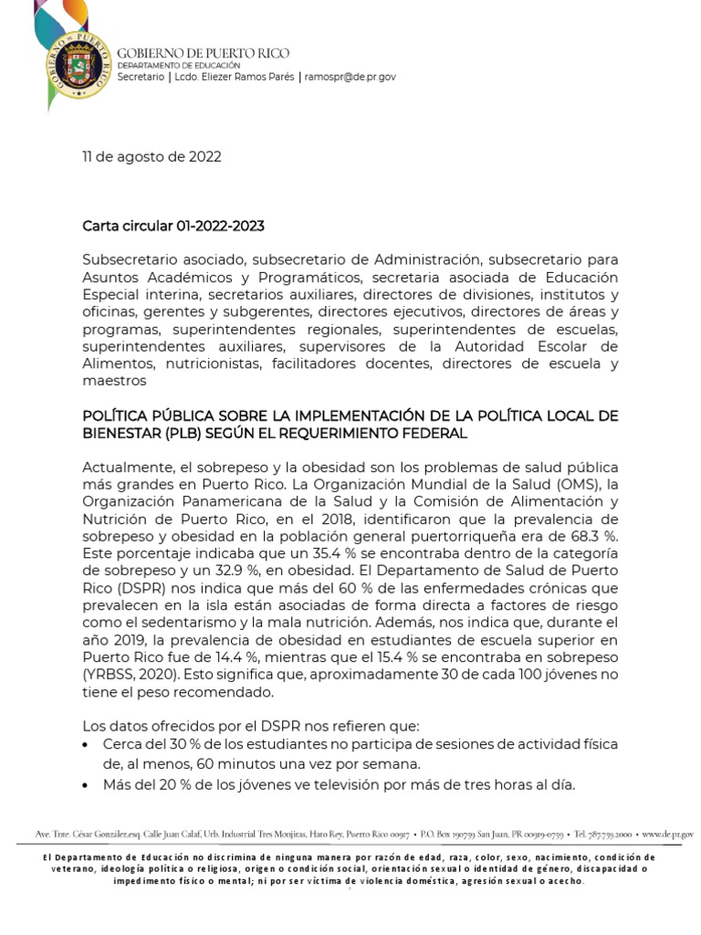 Carta Circular Num. 01 2022 2023 Firmado | PDF | Obesidad | Obesidad infantil