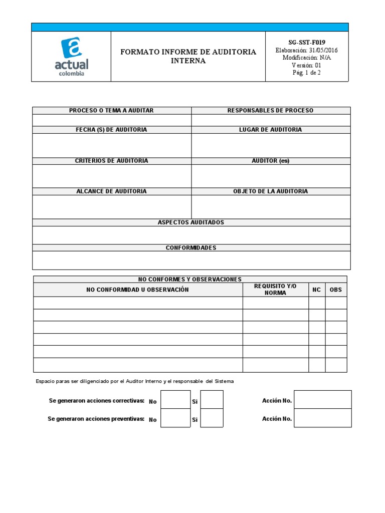 SG-SST-F019 Formato Informe de Auditoria Interna | PDF