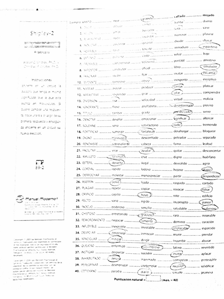 Test Shipley Vocabulario Contestado Psicología BUAP | PDF