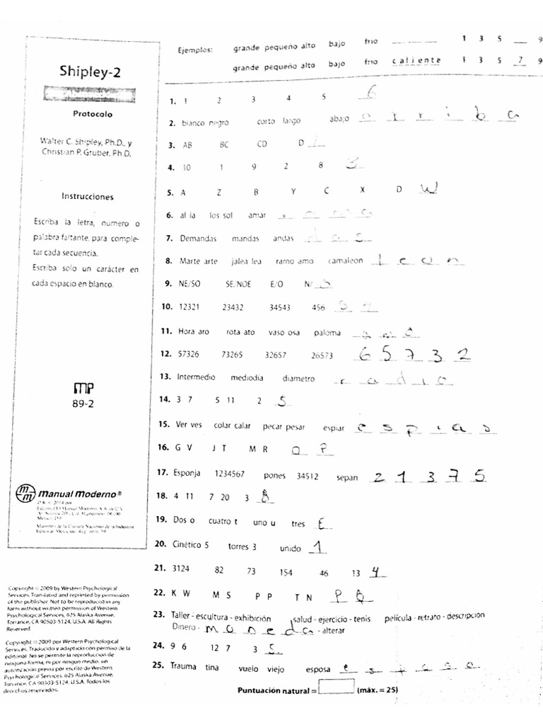 Cuestionario Shipley Abstracción Contestado Facultad de Psicología BUAP ...