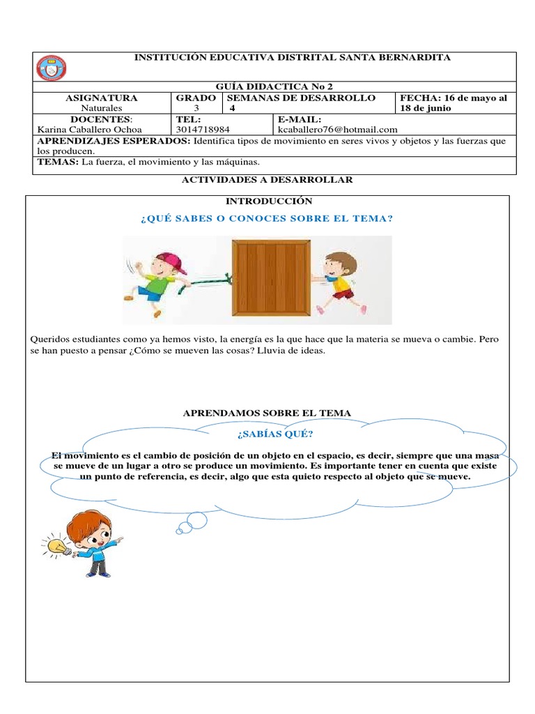 Guia # 3 La Fuerza y El Movimiento. 3° Grado | PDF
