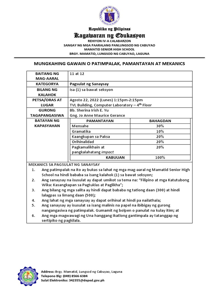 Panuntunan at Pamantayan Sa Bawat Patimpalak | PDF