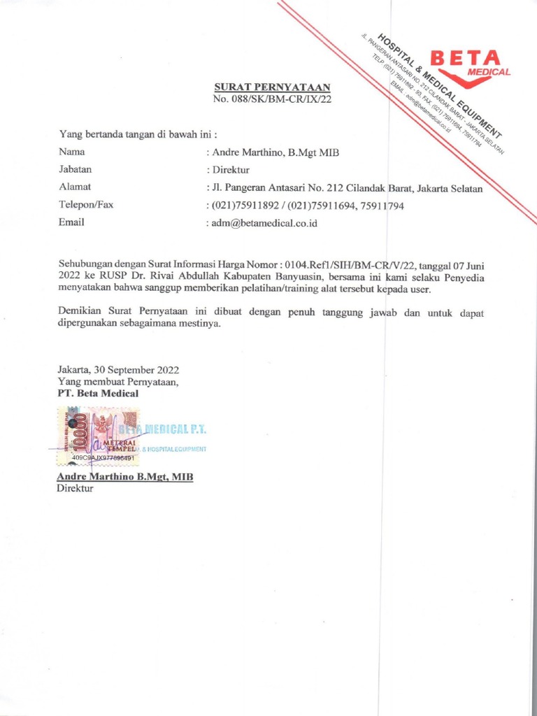 RSUP Dr. Rivai Abdullah - Surat Pernyataan Kesanggupan Instalasi | PDF