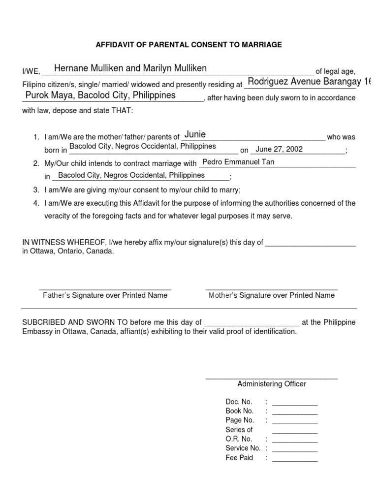 Affidavit of Parental Consent To Marriage | PDF | Affidavit | Legal ...