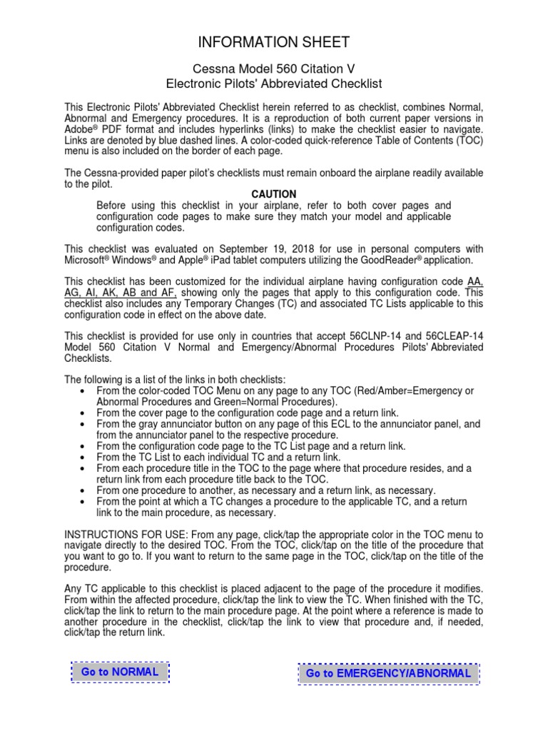 Checklist Citation V Model 560 SN 0001 - 0259 PN 56CLNP-14 | PDF ...