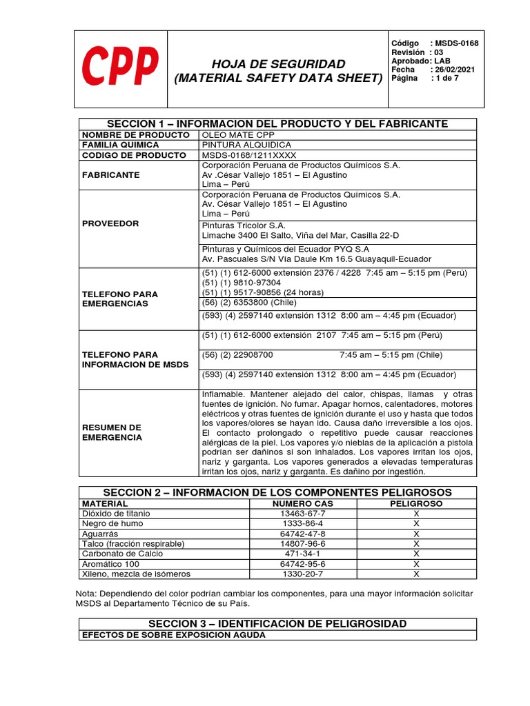 Pinturas CPP Esmaltes y Oleo Oleomate Ficha de Seguridad | PDF | Agua ...