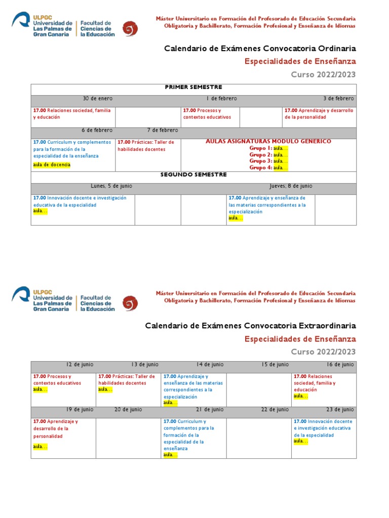 Examenes Convocatoria Ordinaria y Extraordinaria 2022 - 2023 Especialidades Ensenanza | PDF ...
