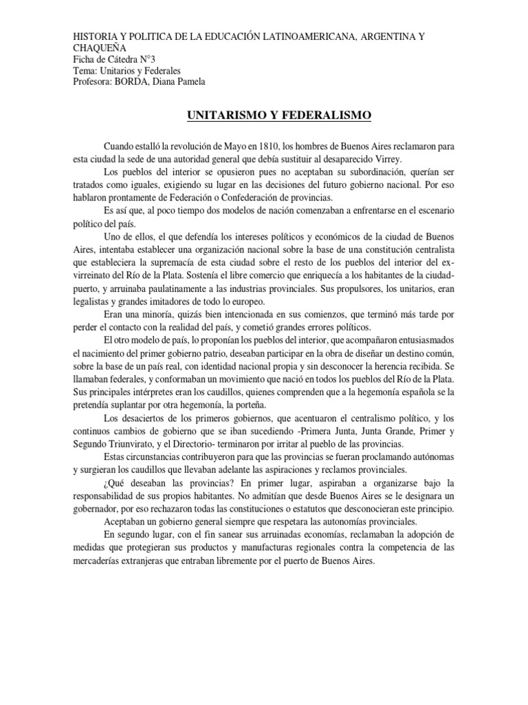 Unitarismo y Federalismo | PDF | América del Sur | Argentina