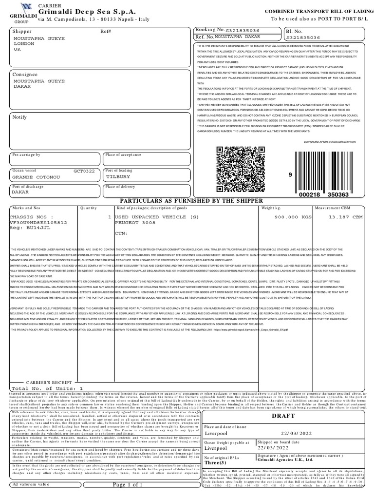 Particulars As Furnished by The Shipper: Carrier'S Receipt | Download ...
