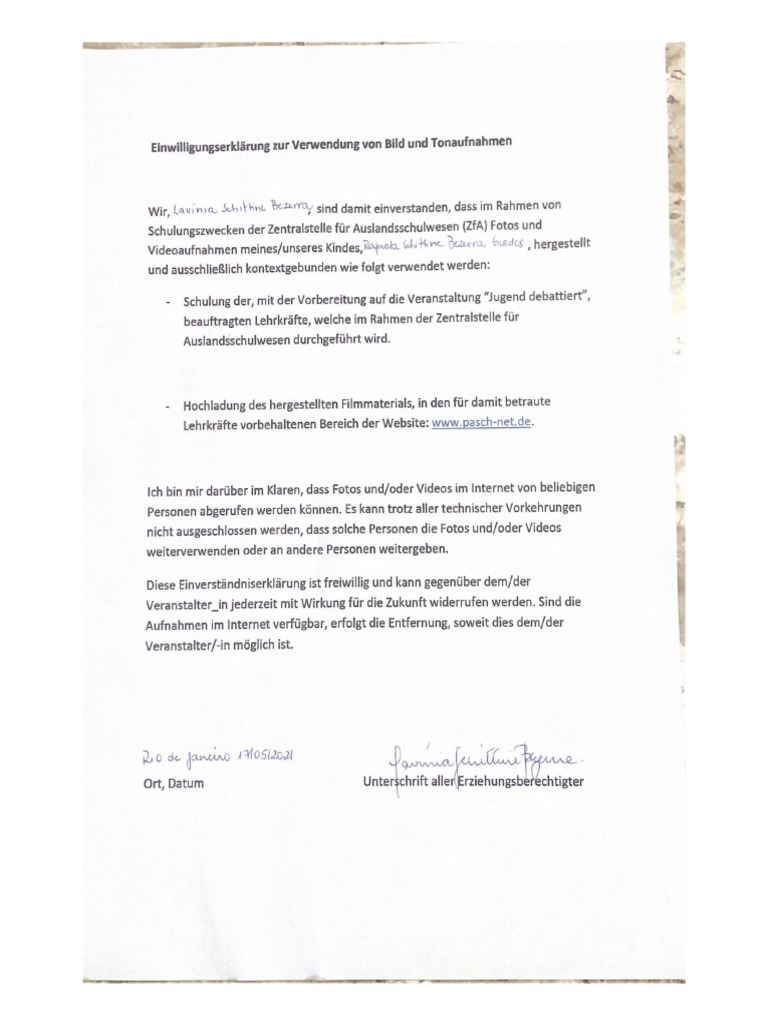Einwilligungserklärung Zur Verwendung Von Bild Und Tonaufnahmen | PDF