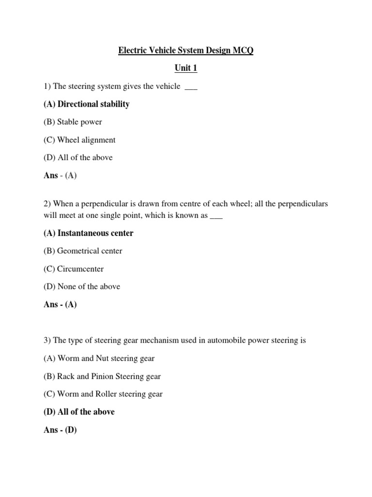 Electrical Vehicle MCQ - Unit 1 & 2 | PDF | Steering | Automotive Industry