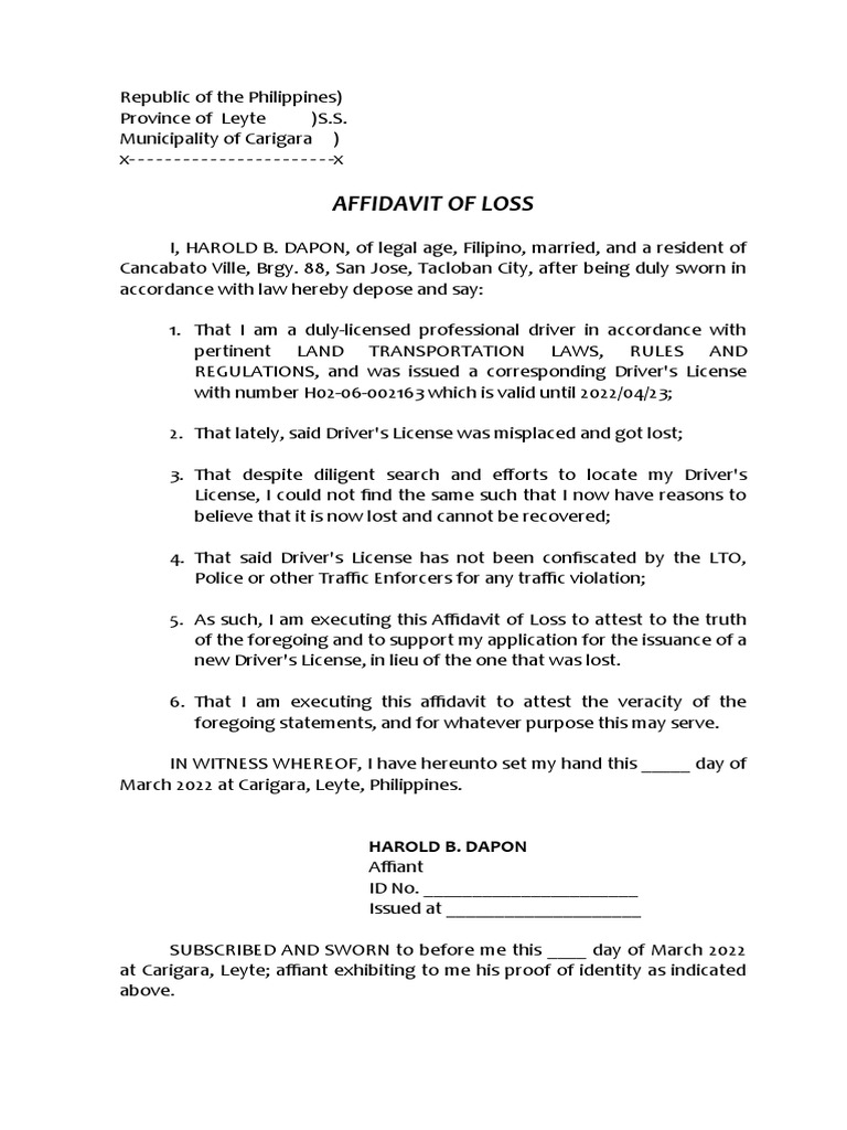 Affidavit of Loss - DAPON.HAROLD - Driver's License | PDF