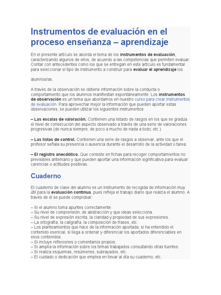 Instrumentos de Evaluación en El Proceso Enseñanza | PDF | Evaluación ...