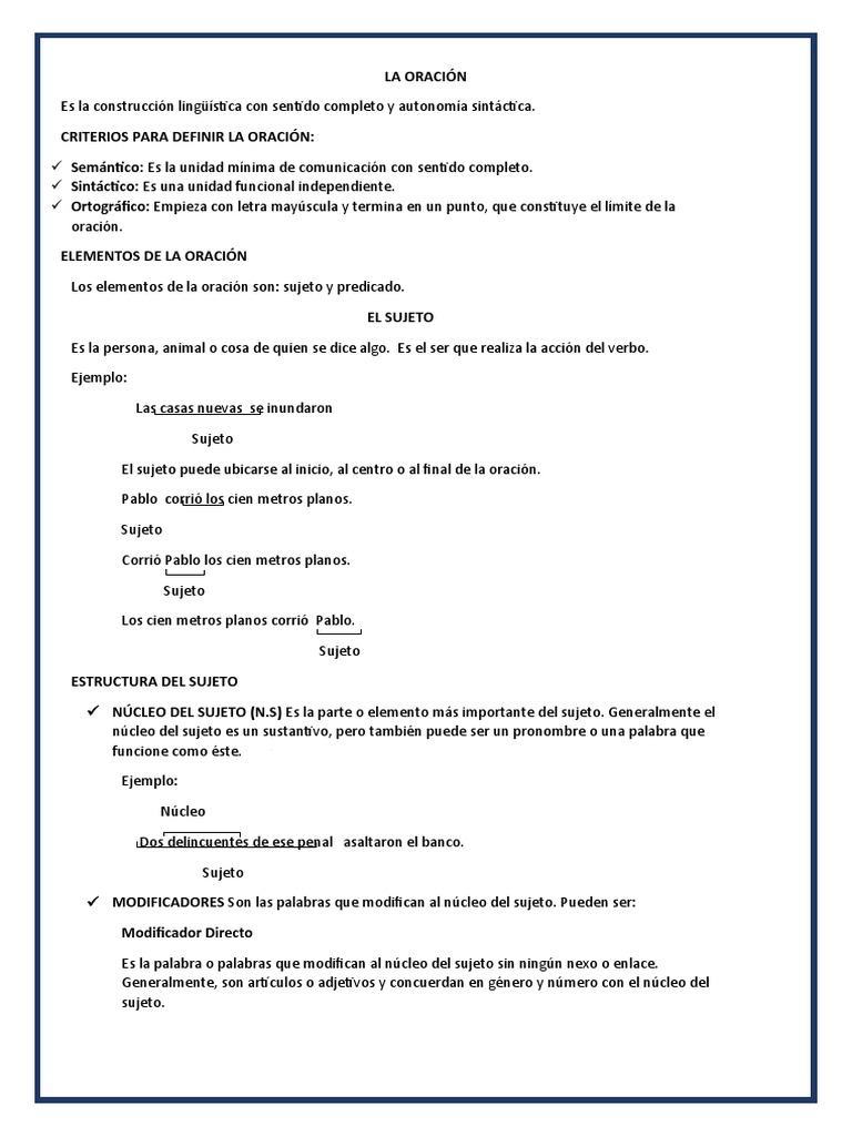 La Oración Simple 3roc | PDF | Asunto (gramática) | Objeto (gramática)