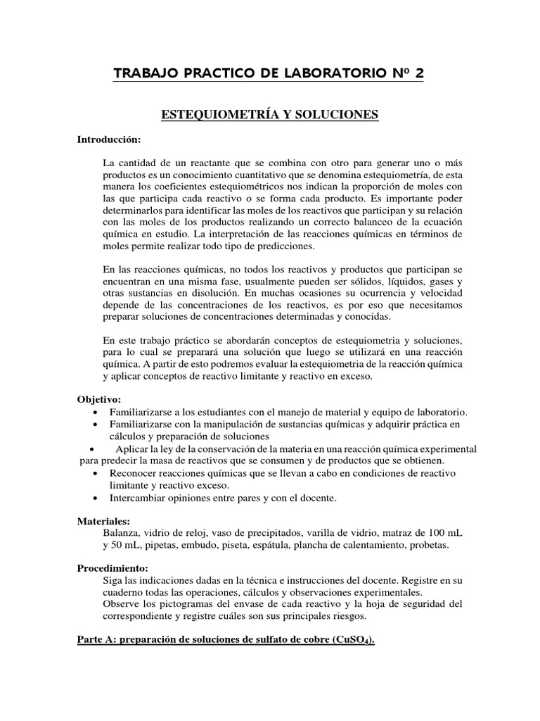 T.P. Laboratorio N°2 | PDF | Estequiometría | Reacciones químicas