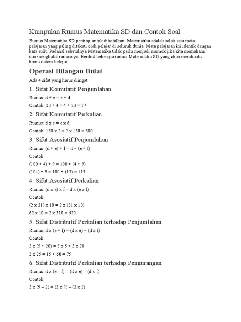 Kumpulan Rumus Matematika SD Dan Contoh Soal: Operasi Bilangan Bulat | PDF