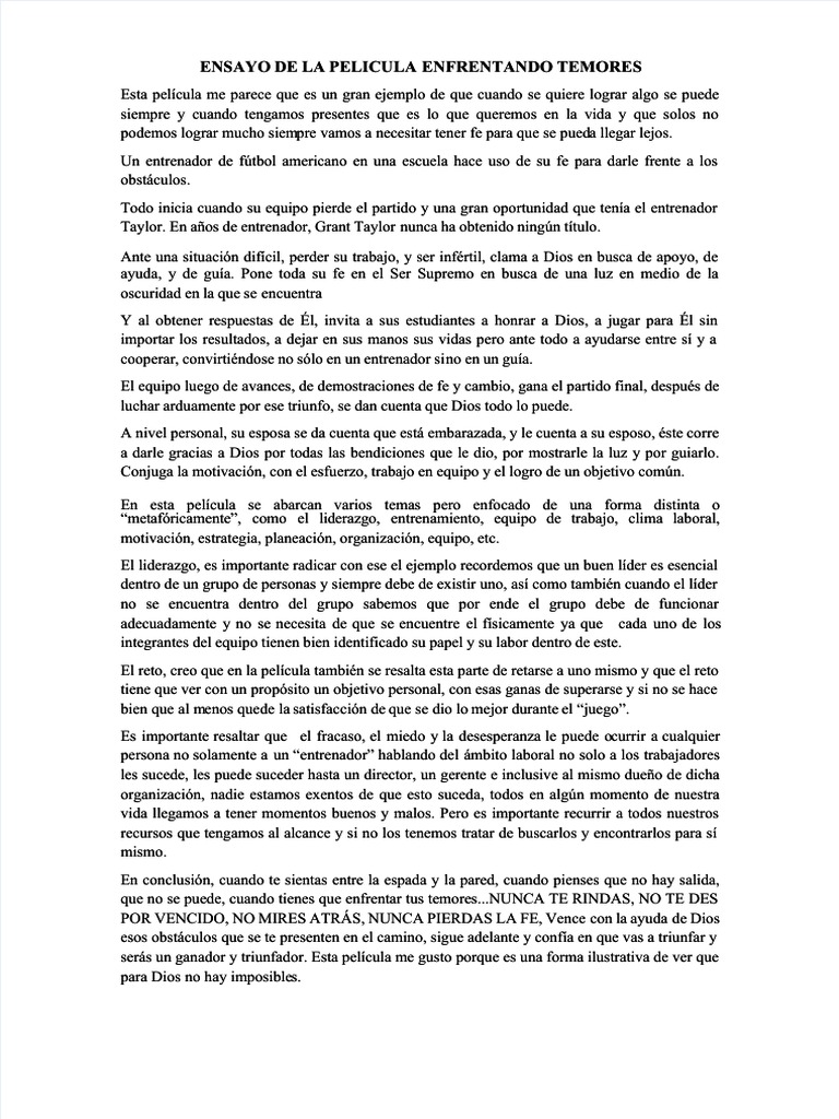 Ensayo de La Pelicula Enfrentando Temores | PDF | Liderazgo