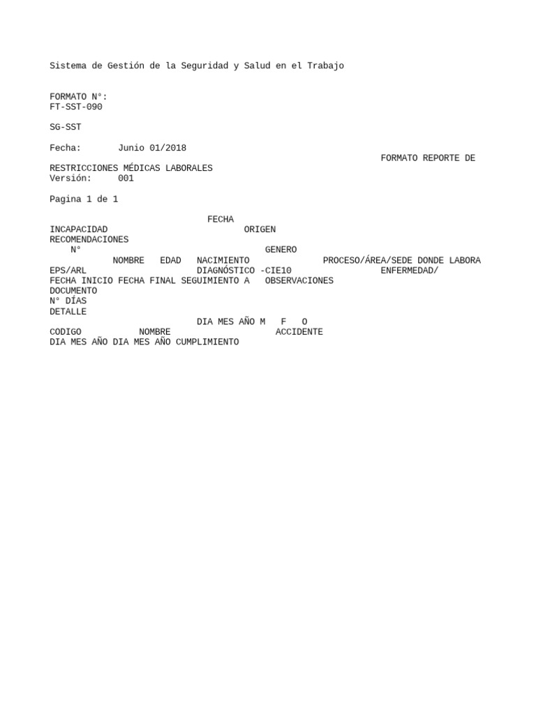 FT SST 090 Formato Reporte Restricciones Medicas Laborales | PDF